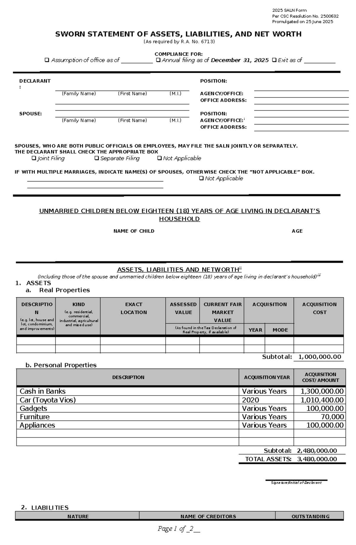 SALN 2025 Compliance Form as per CSC Resolution No. 2500632 - Studocu