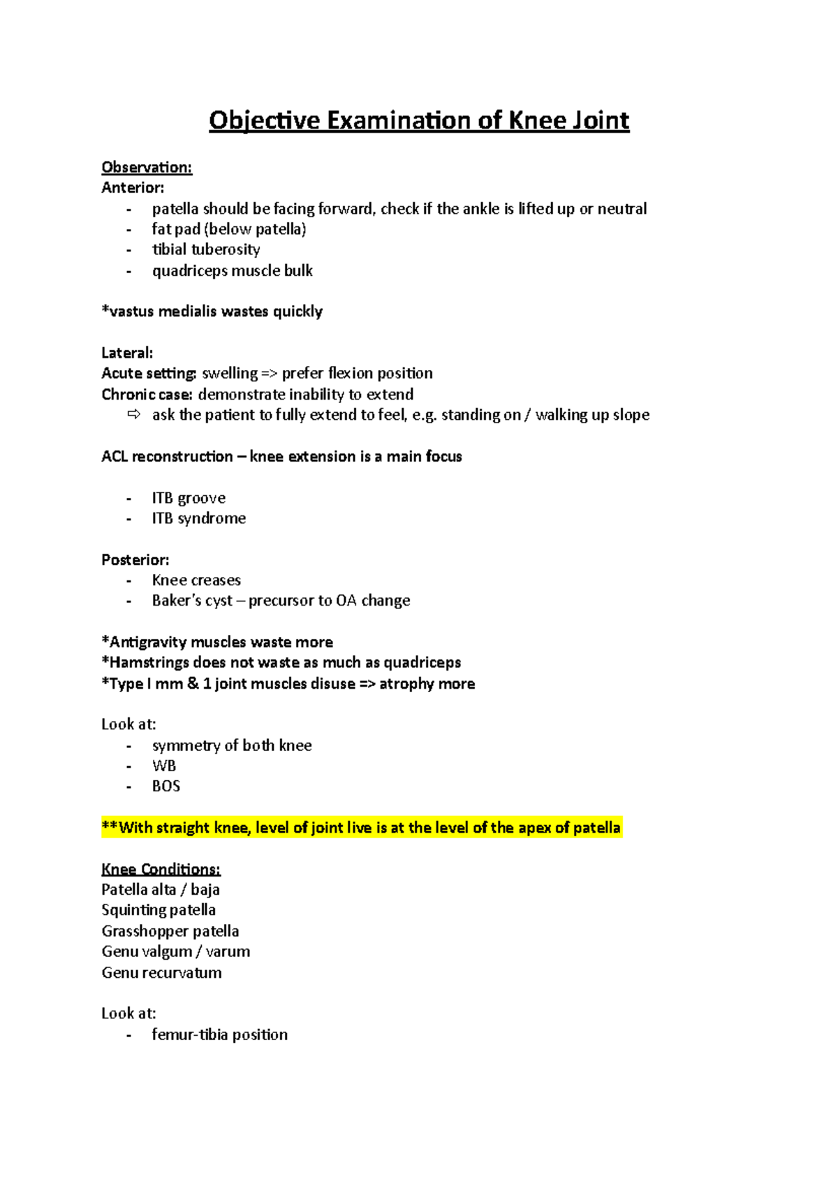 MSK Physiotherapy I: Knee Joint Examination & Testing Summary - Studocu