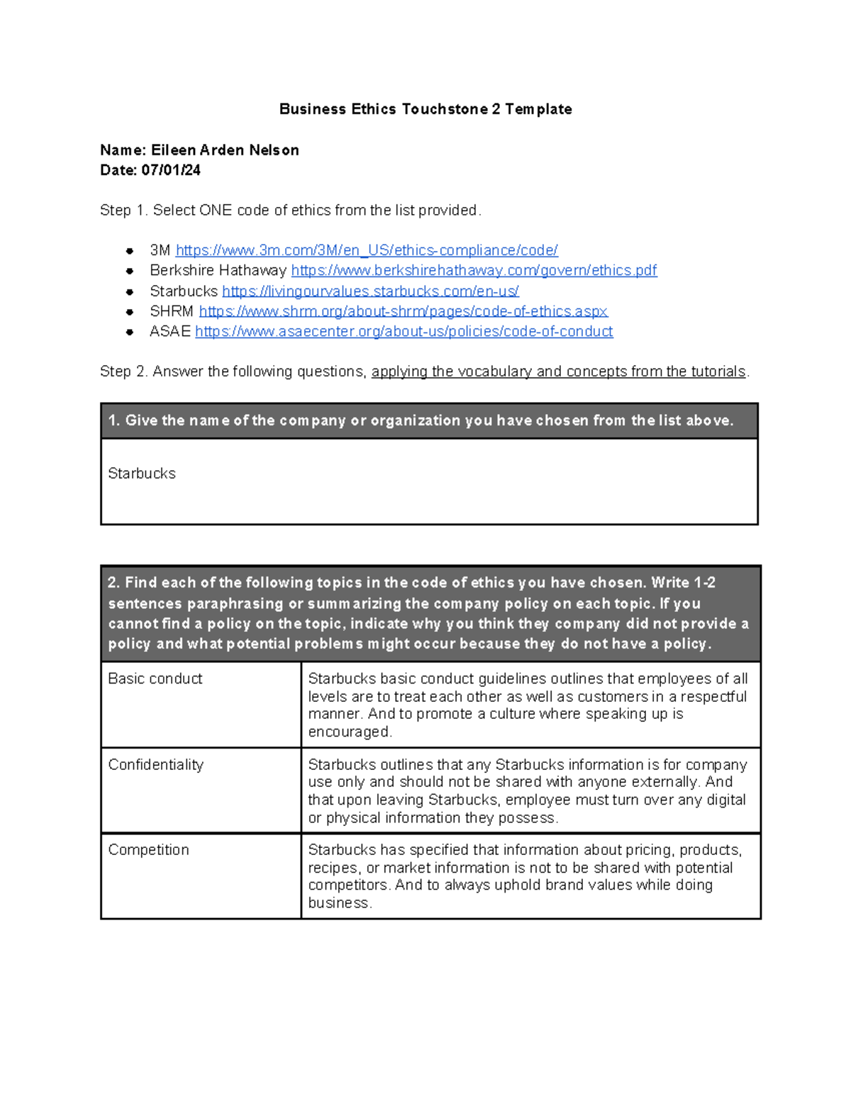 Business Ethics Touchstone 2: Starbucks Code Analysis - Studocu