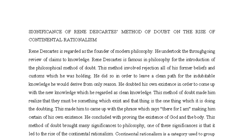 Significance of Rene Descartes' Method of Doubt on Continental ...