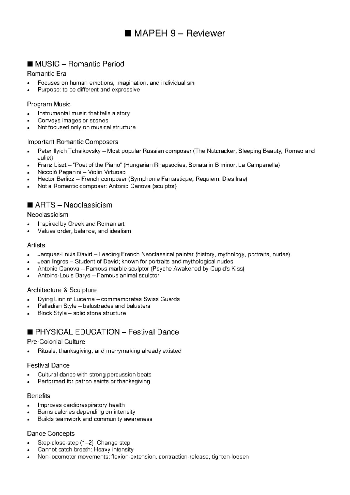 MAPEH 9 One-Page Reviewer: Music, Arts, and PE Highlights - Studocu
