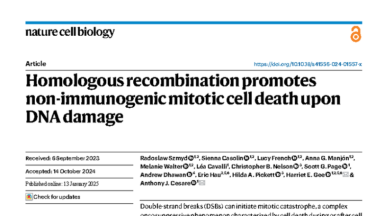 Homologous Recombination and Mitotic Cell Death Post-DNA Damage - Studocu
