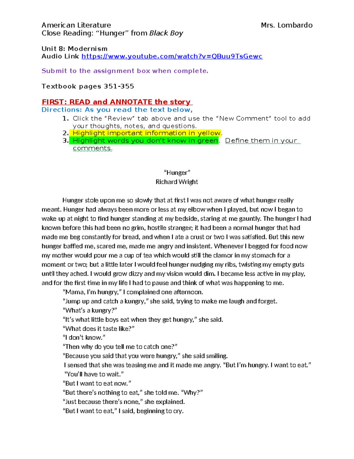 Richard Wright Hunger Guided Reading 2024 - Close Reading: “Hunger ...