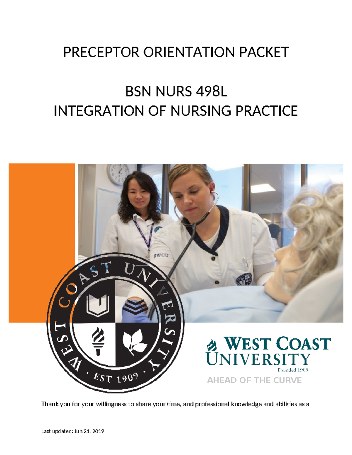 WCU NURS 498L - Preceptor Orientation Guide for Nursing Practice - Studocu