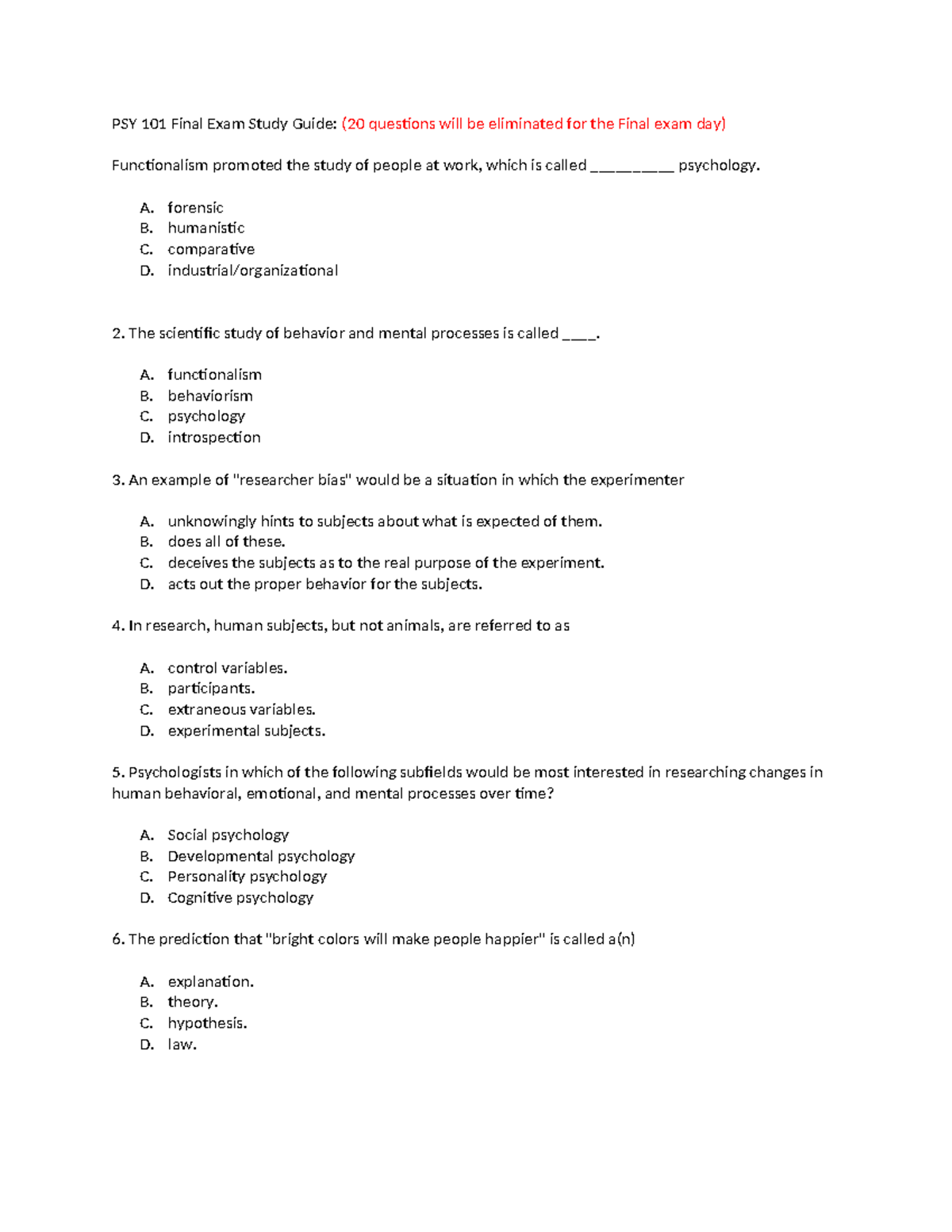 PSY 101 Final Exam Comprehensive Study Guide with Key Topics - Studocu