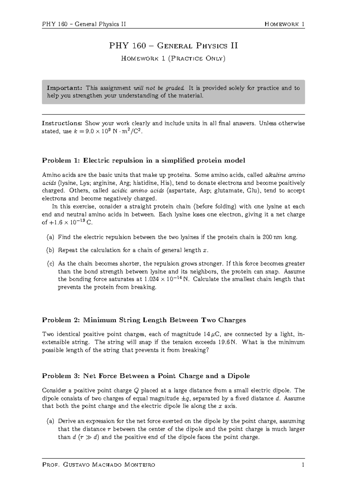 PHY 160 General Physics II Homework 1 - Practice Problems - Studocu