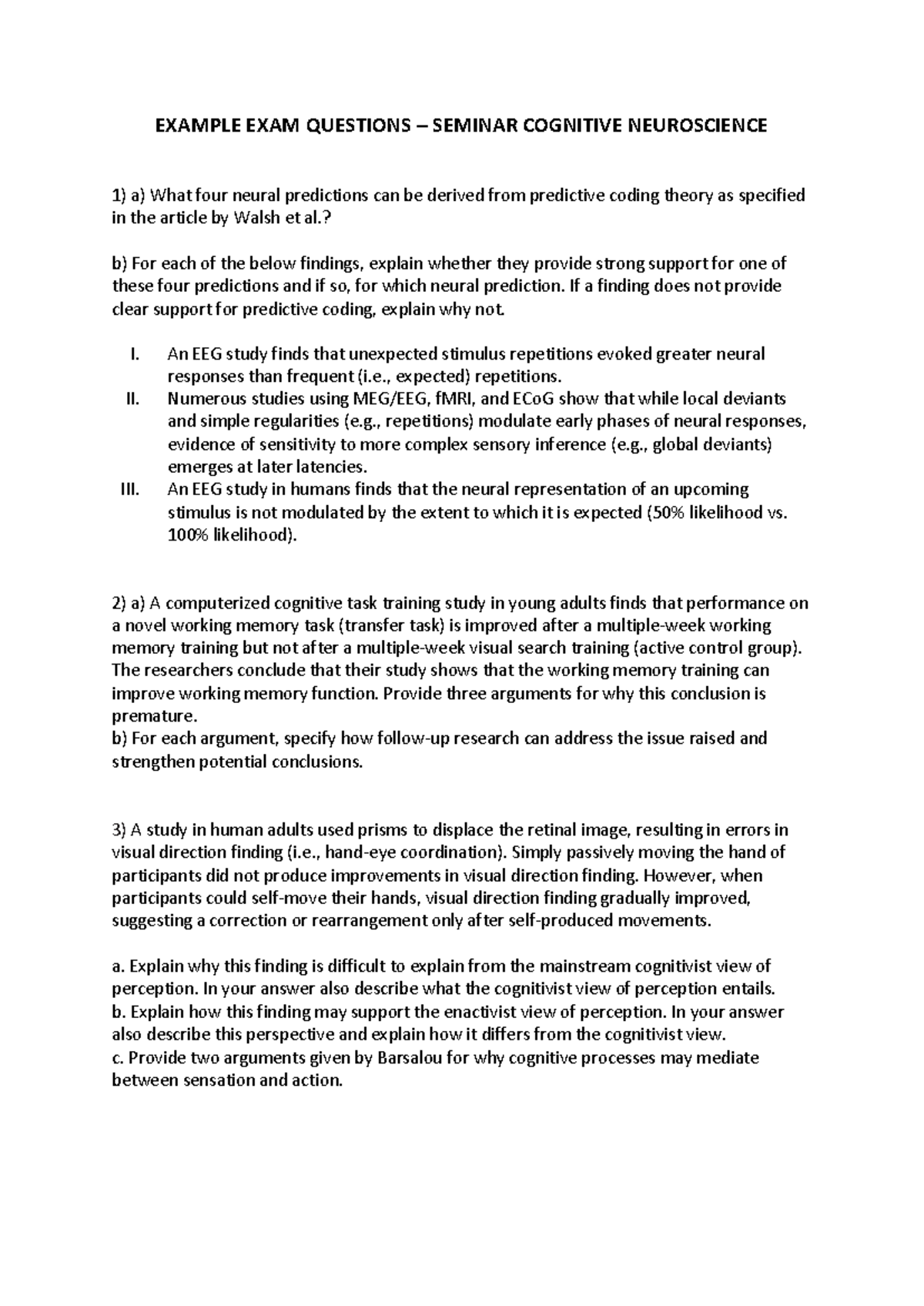Cognitive Neuroscience Practice Exam Preparation Seminar Questions ...