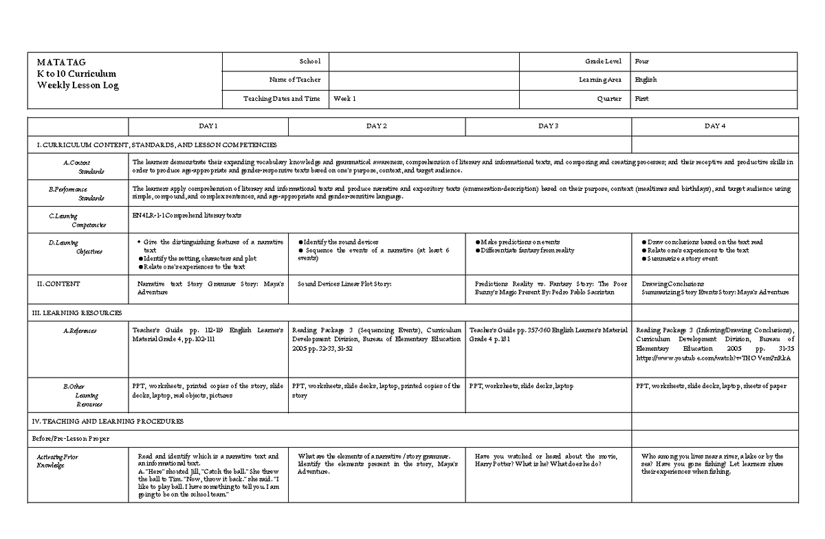 ENG4 Q1 W1 LE - Weekly Lesson Log for Grade 4 English Curriculum - Studocu