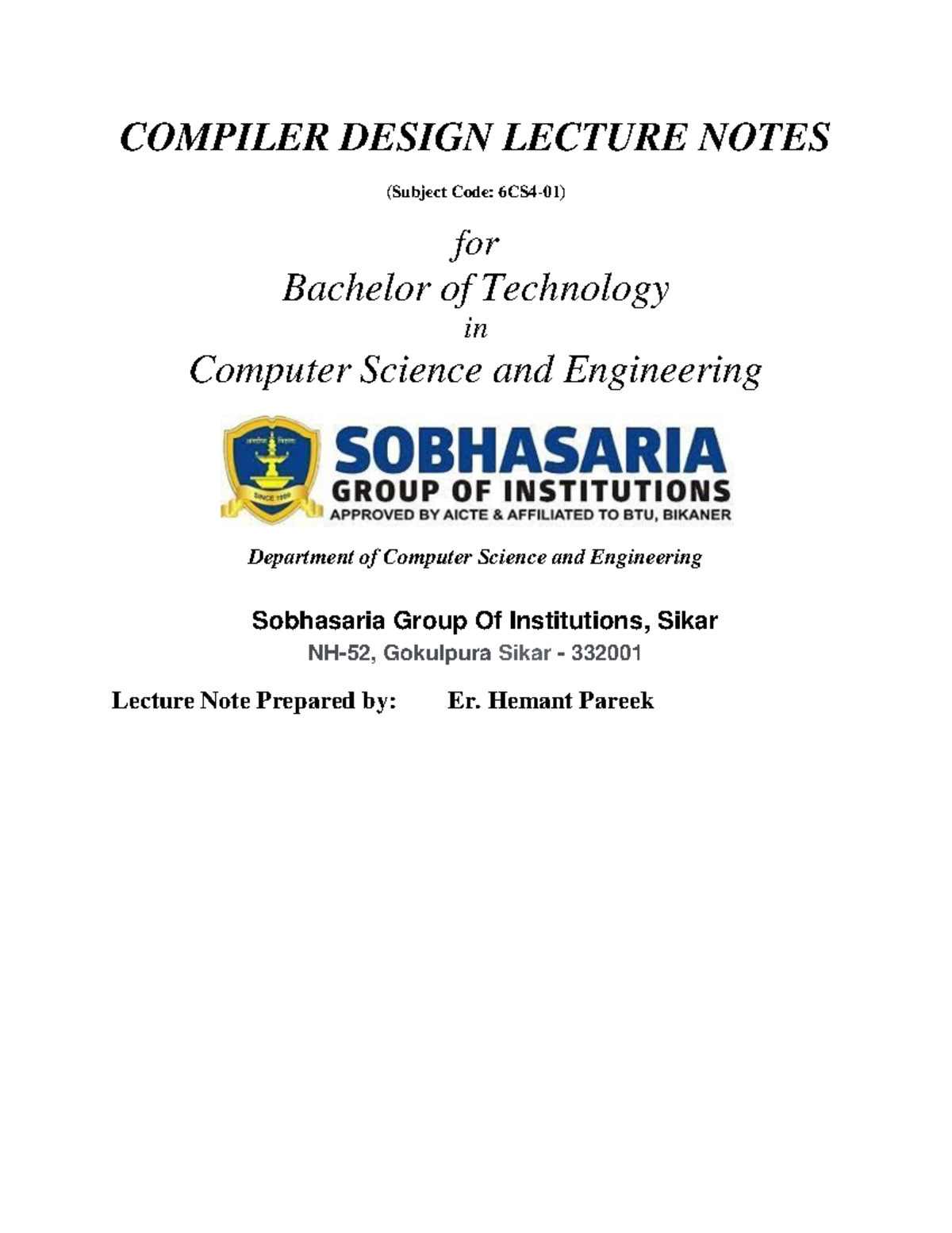COMPILER DESIGN LECTURE NOTES (B.Tech CSE) - Studocu