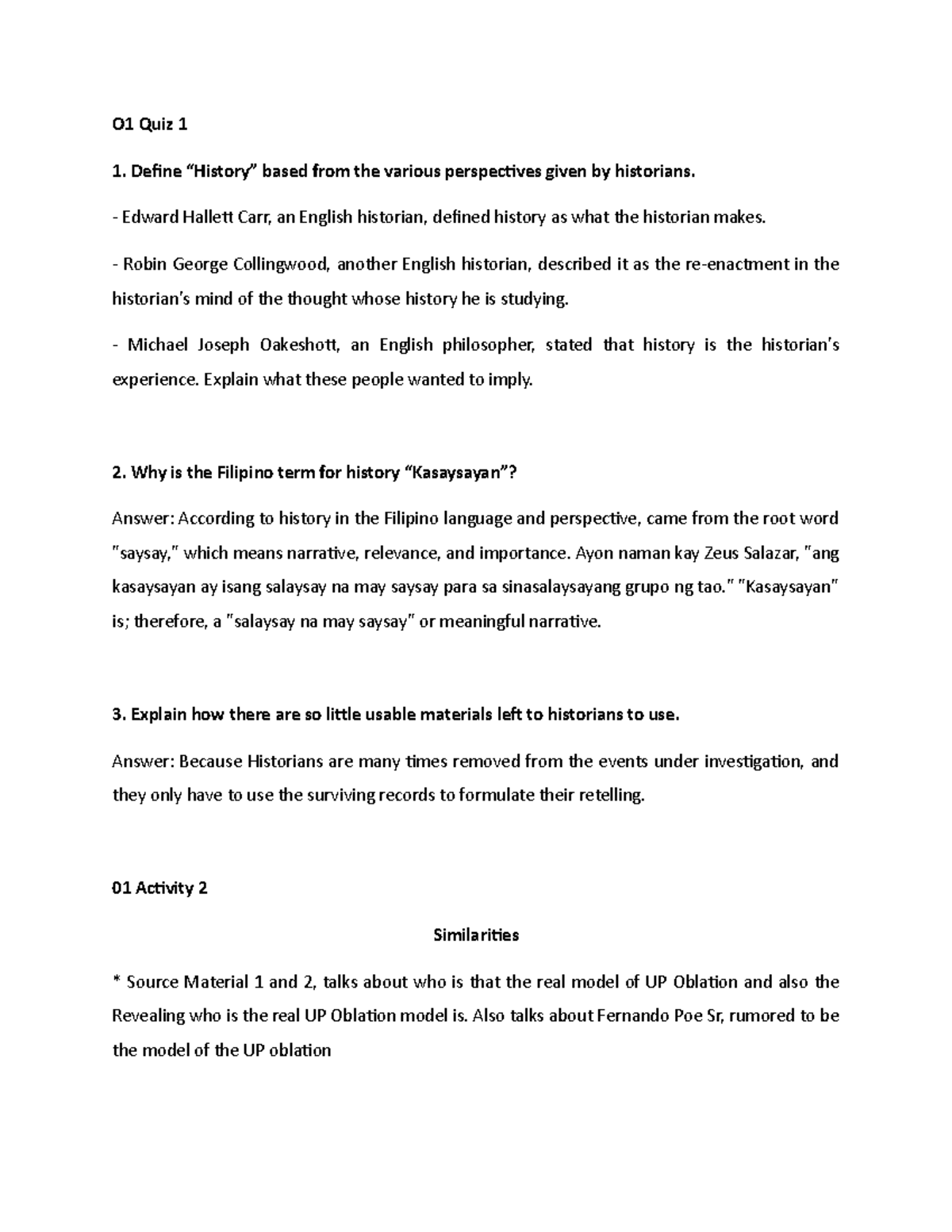History and Kasaysayan - O1 Quiz 1 Define “History” based from the ...