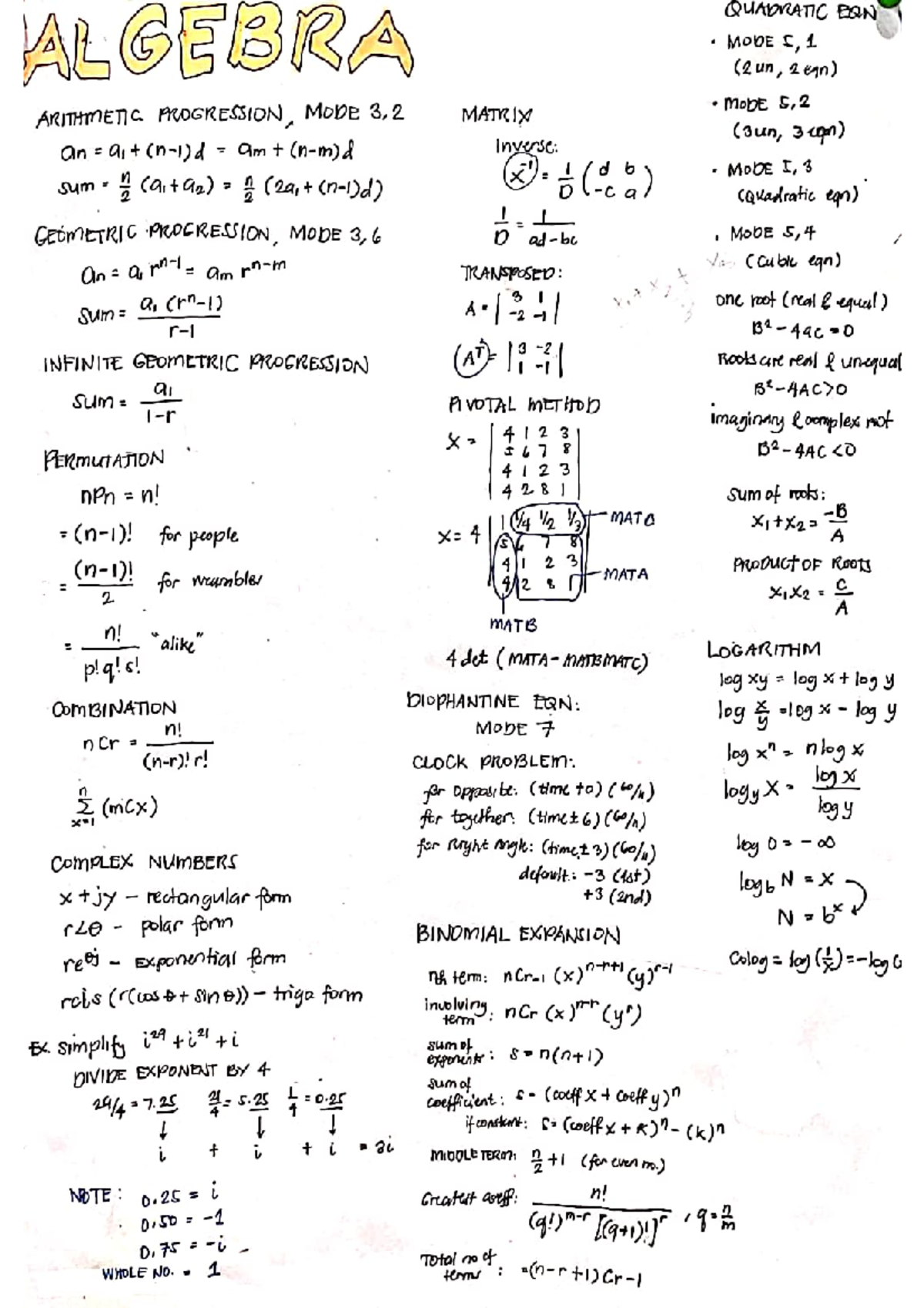 Mathematics Compiled Formulas for Engineering (MODE 5, 1; MODE 3, 2 ...