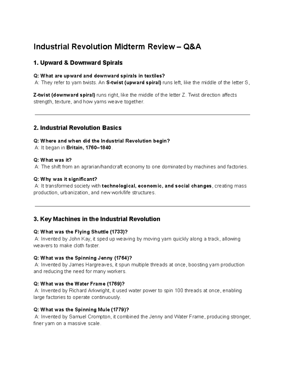Industrial Revolution (HIST 101) Midterm Review: Key Concepts & Q&A ...