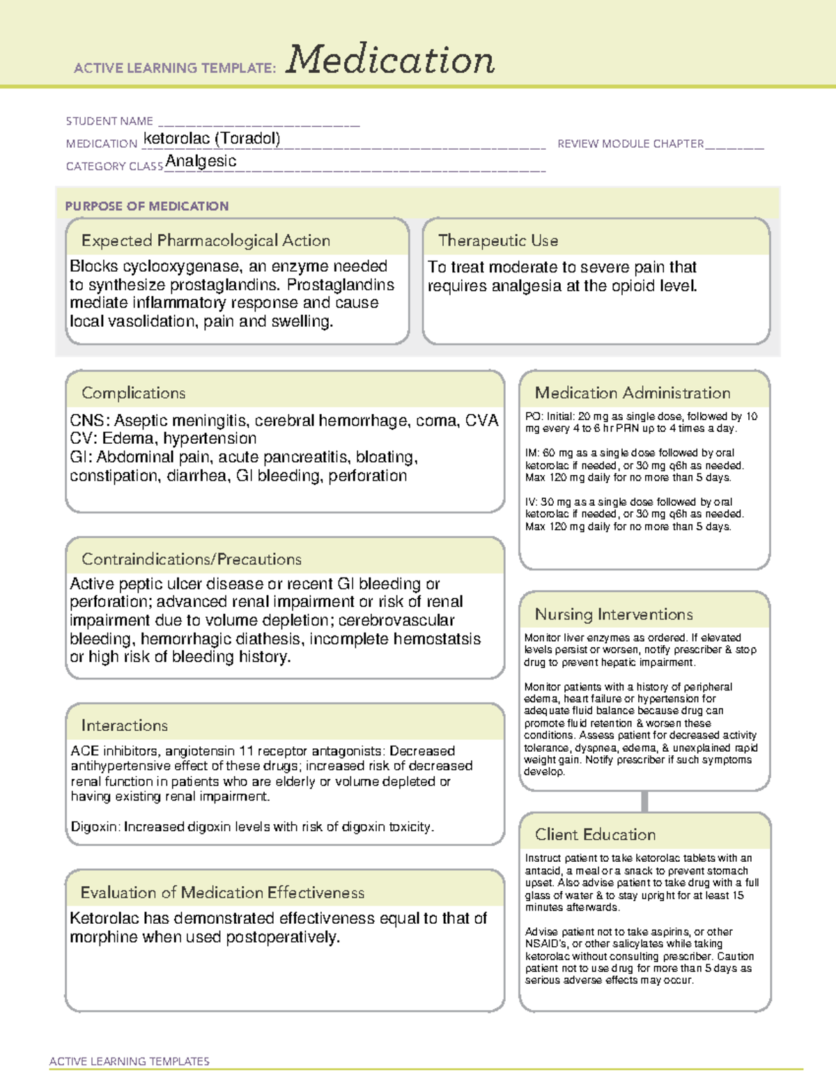 Ketorolac (Toradol) Drug Card: Active Learning Template Review - Studocu