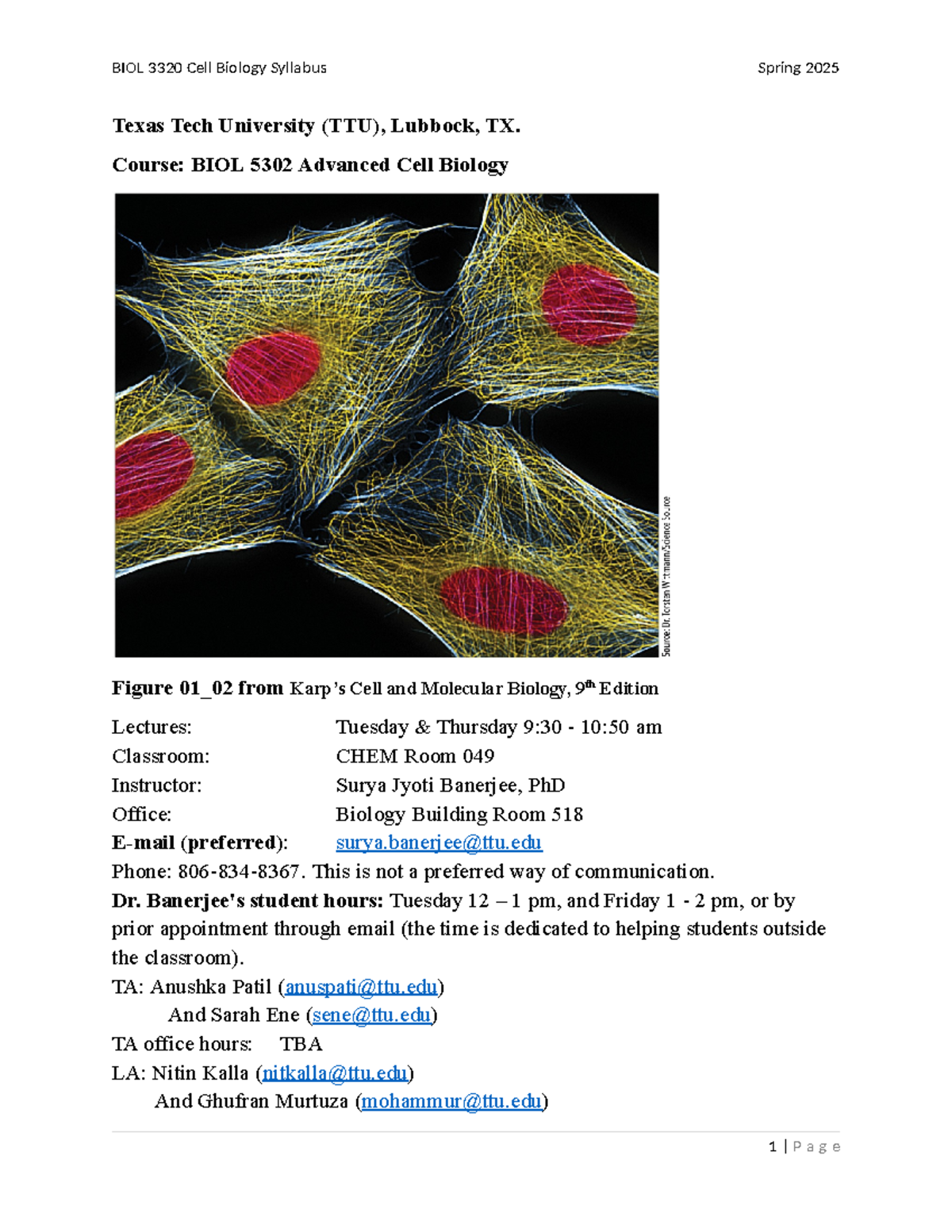Advanced Cell Biol 5302 Lecture Syllabus Dr. Surya Banerjee Spring 2025 ...