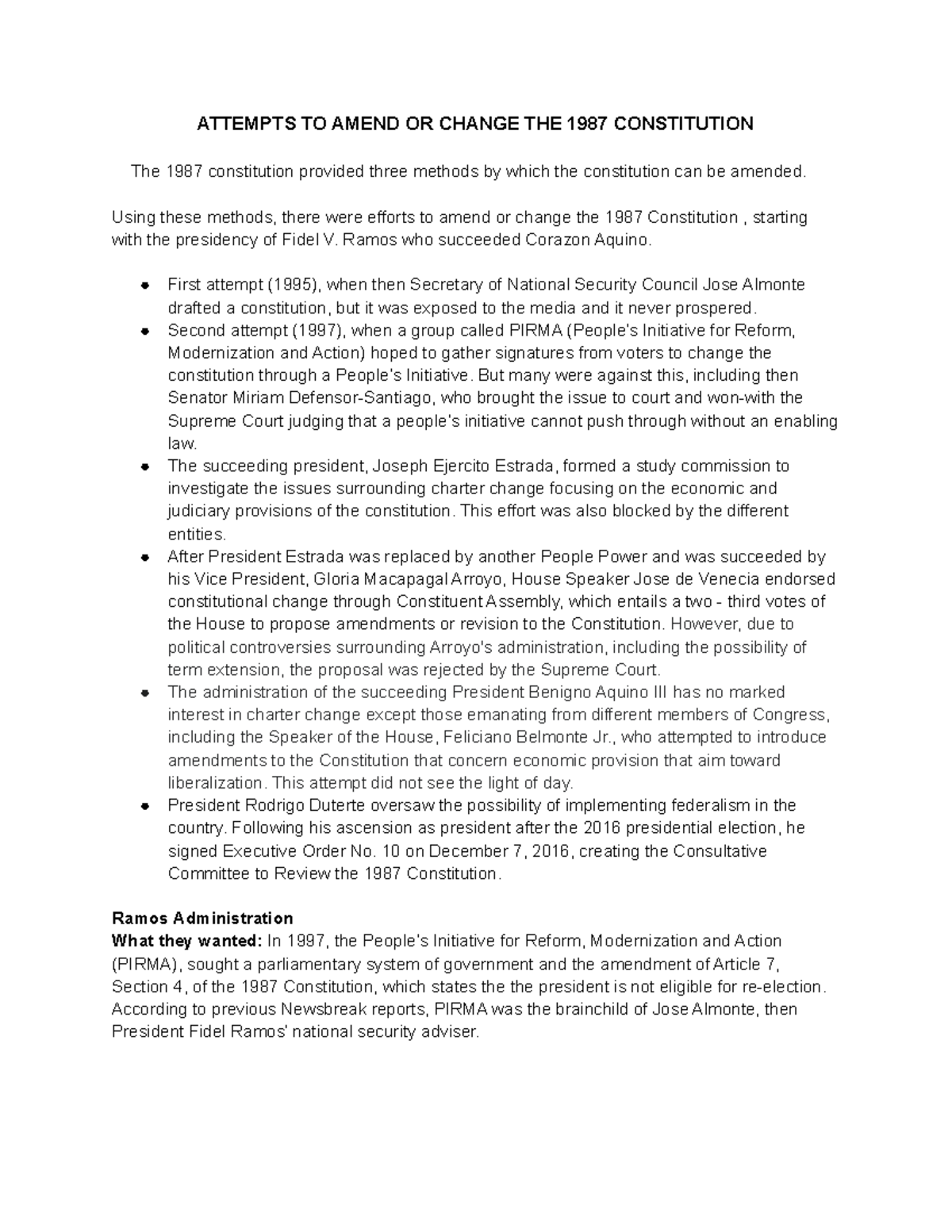 Attempts TO Amend OR Change THE 1987 Constitution - ATTEMPTS TO AMEND ...