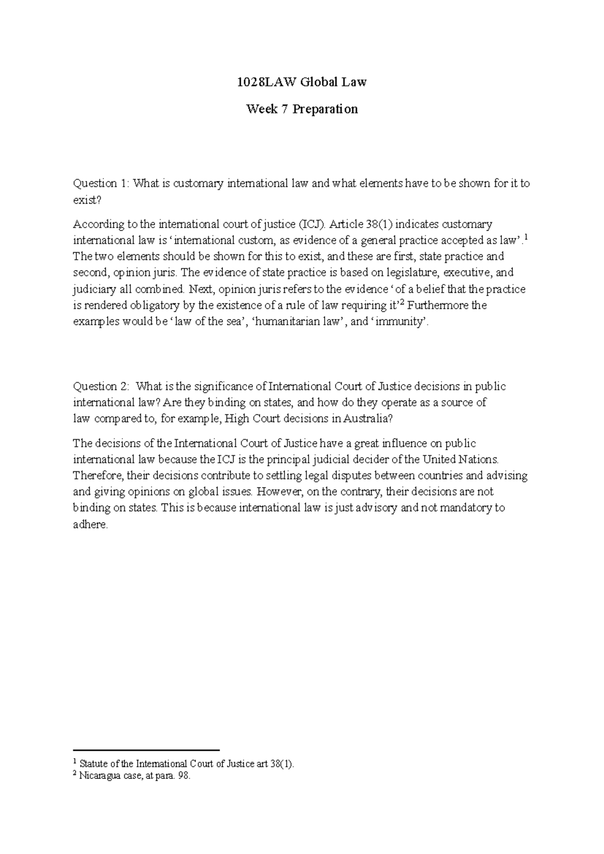 1028LAW Global Law Week 7 Prep: Customary Intl Law & ICJ Decisions ...