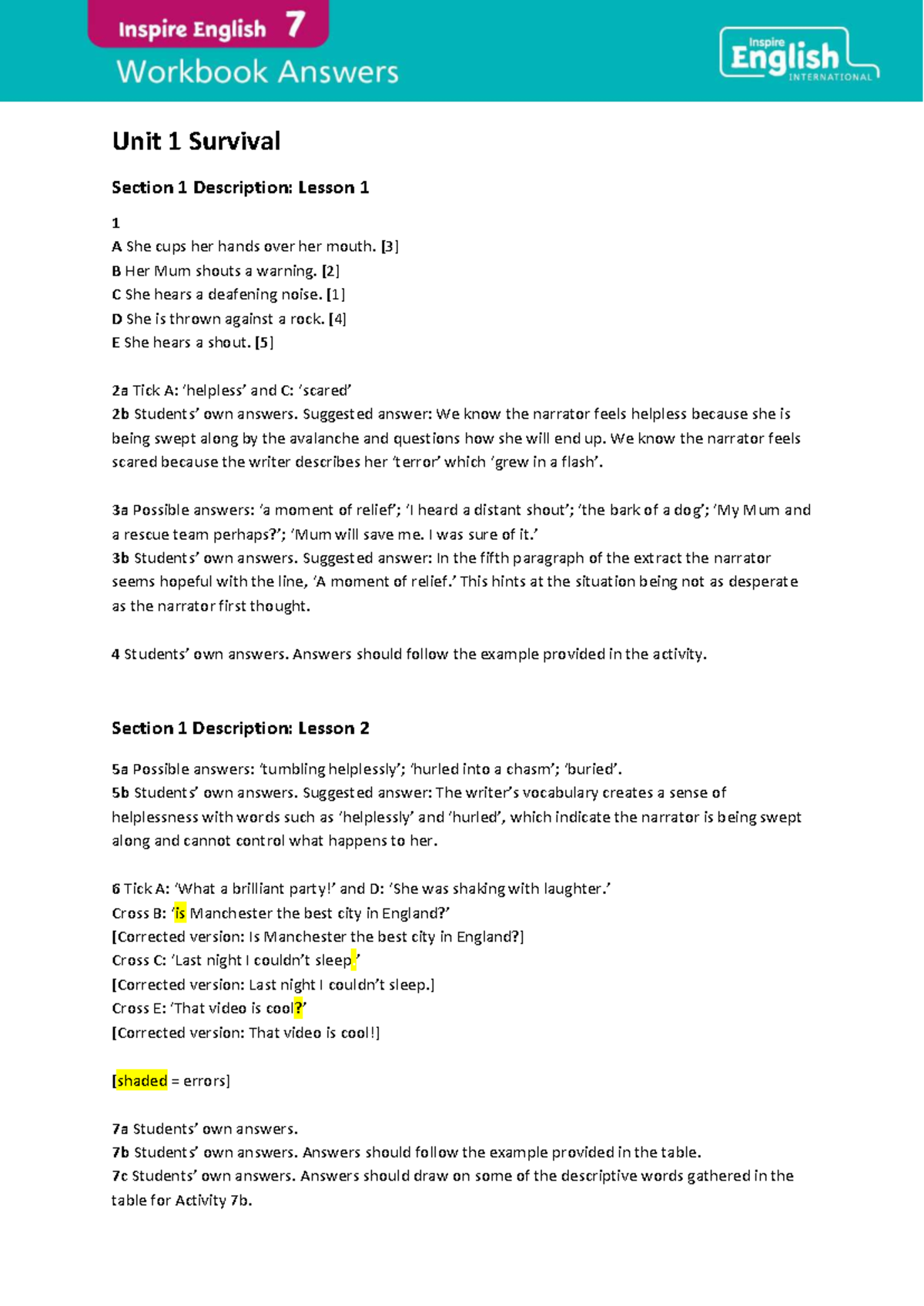 Inspire English Y7 Workbook Answers - Unit 1 Survival Section 1 ...
