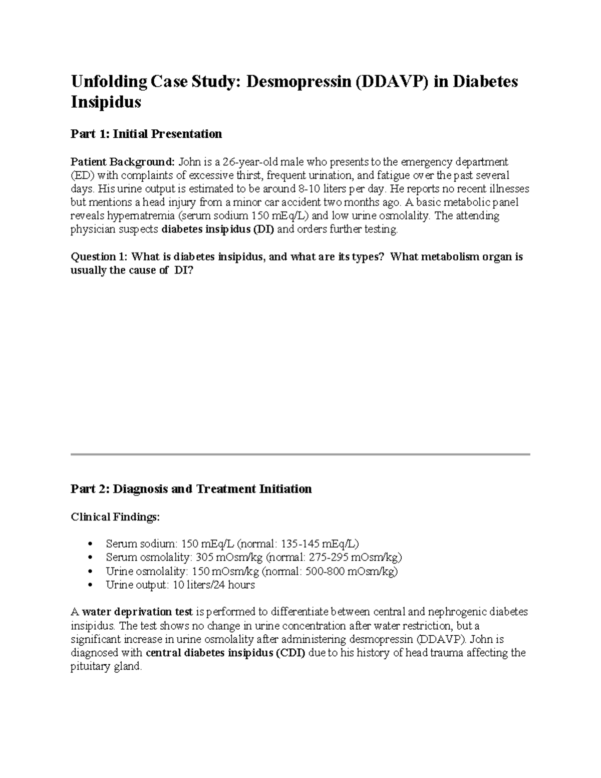 Case Study: DDAVP in Diabetes Insipidus - Patient John SP25 - Studocu