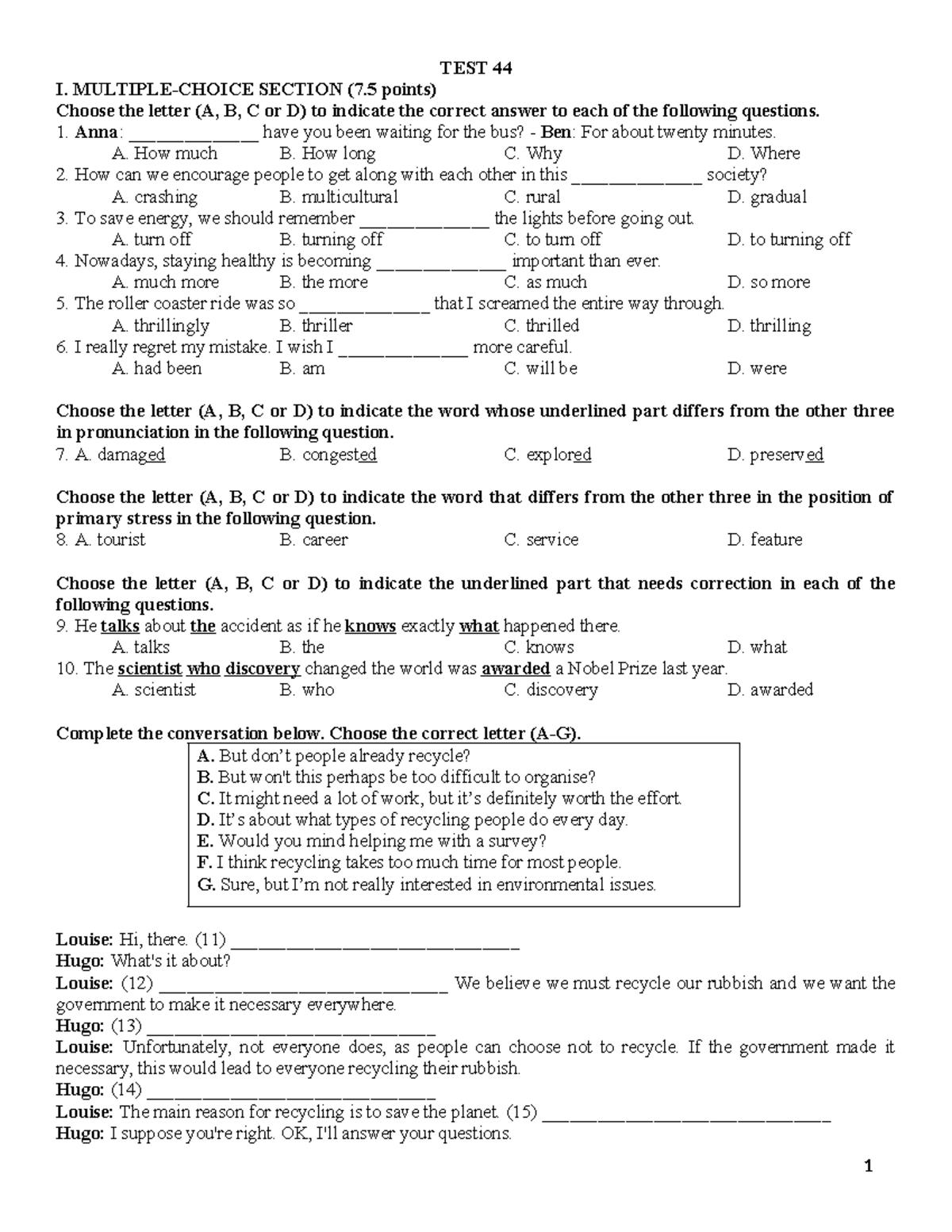TEST 44 - THPT QGIA: Multiple Choice Questions & Reading Comprehension ...