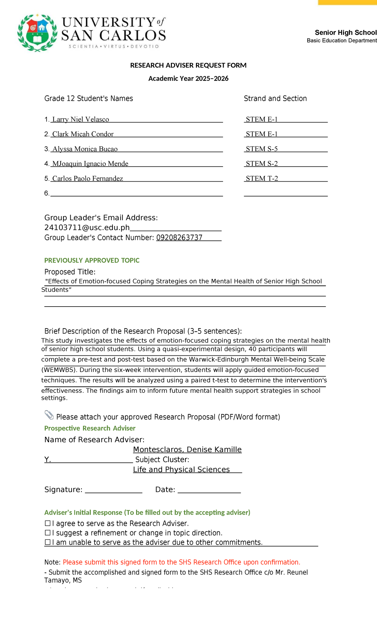Research Adviser Request Form for Grade 12 STEM Students - Studocu