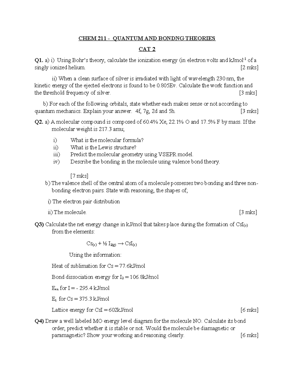 CHEM 211 QUANTUM & BONDING THEORIES CAT 2 EXAM NOTES - Studocu