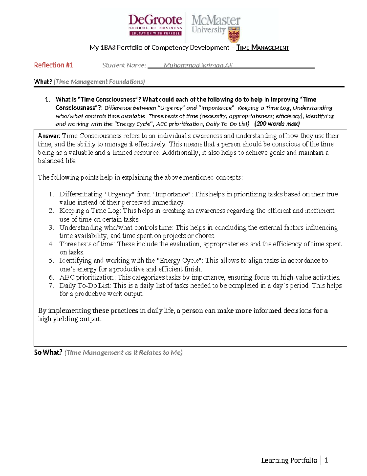 1BA3 Time Management Reflection Portfolio: Strategies & Goals - Studocu