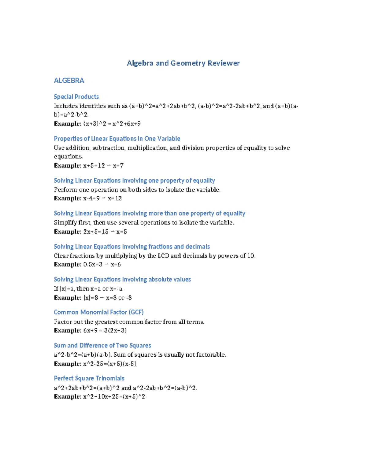 Algebra and Geometry Reviewer: Special Products & Equations - Studocu