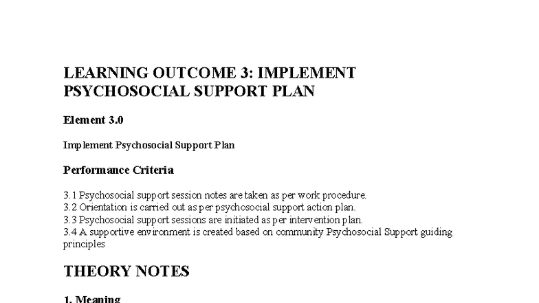 Learning Outcome 3: Implementing a Psychosocial Support Plan - Studocu