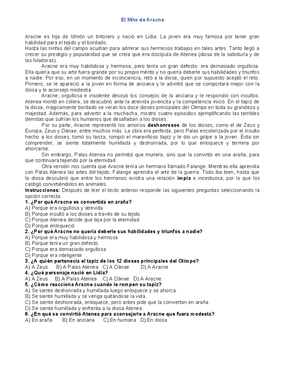 Lectura de Mito - El Mito de Aracne Aracne es hija de Idmón un ...