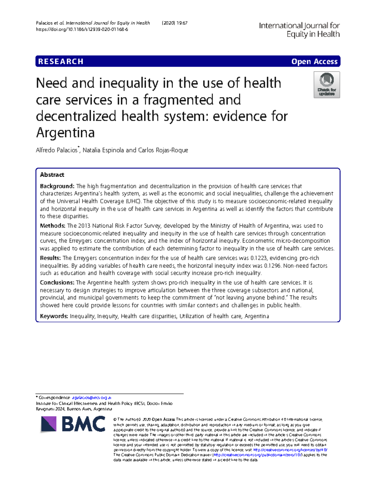 Need and Inequality in Health Care Use in Argentina: Insights from ...