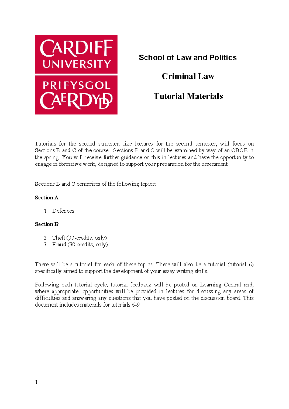 CRIMINAL LAW Tutorial Materials for Semester 2: Tutorials 6-9 - Studocu