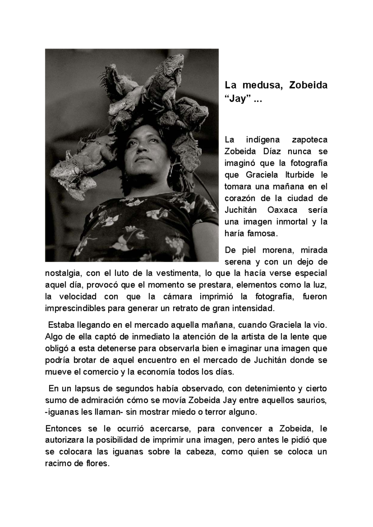 La Medusa: Retrato de Zobeida Díaz por Graciela Iturbide - Studocu
