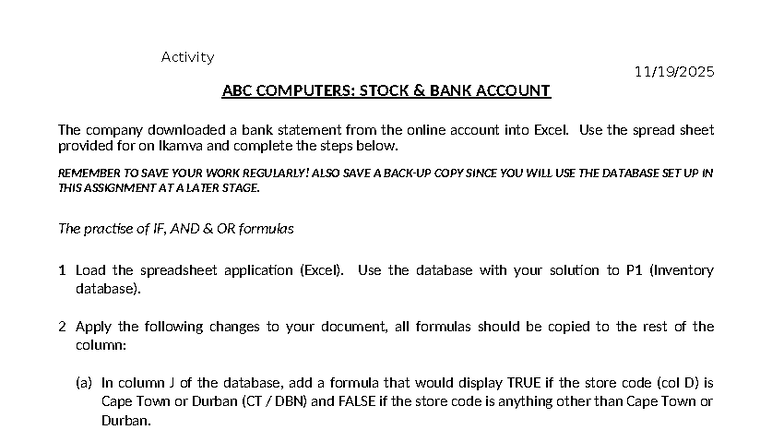 Activity P2: Excel Formulas for ABC Computers Bank Account - Studocu