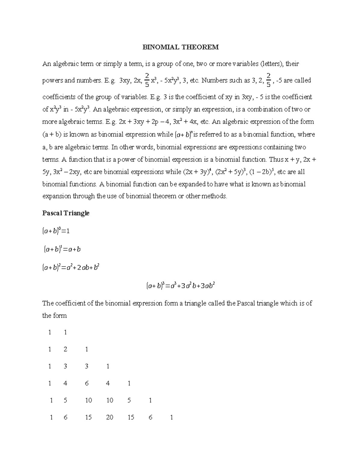 Binomial Theorem and Complex Numbers: Detailed Notes for Math 101 ...