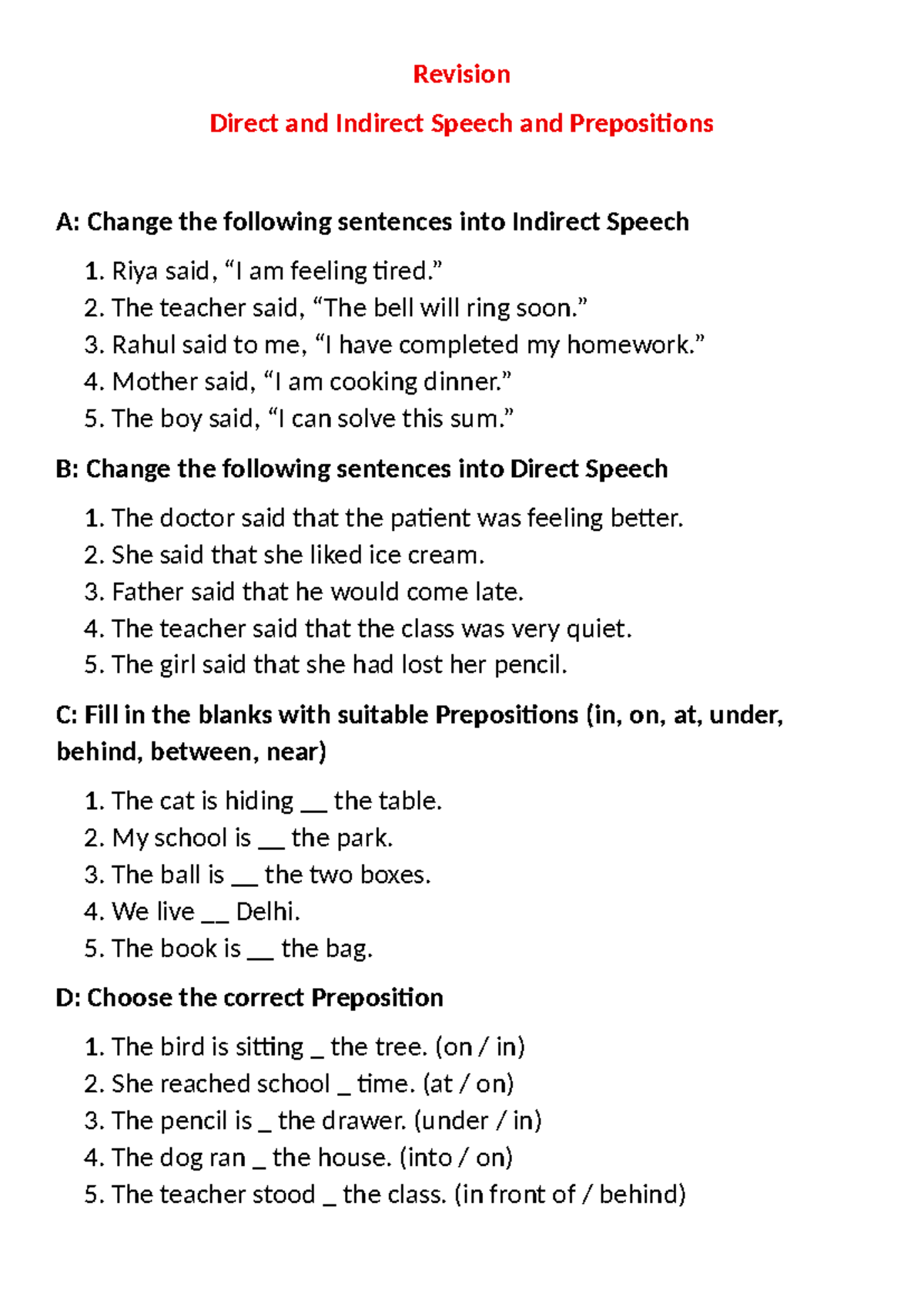 Revision of Direct and Indirect Speech & Prepositions - A - Studocu