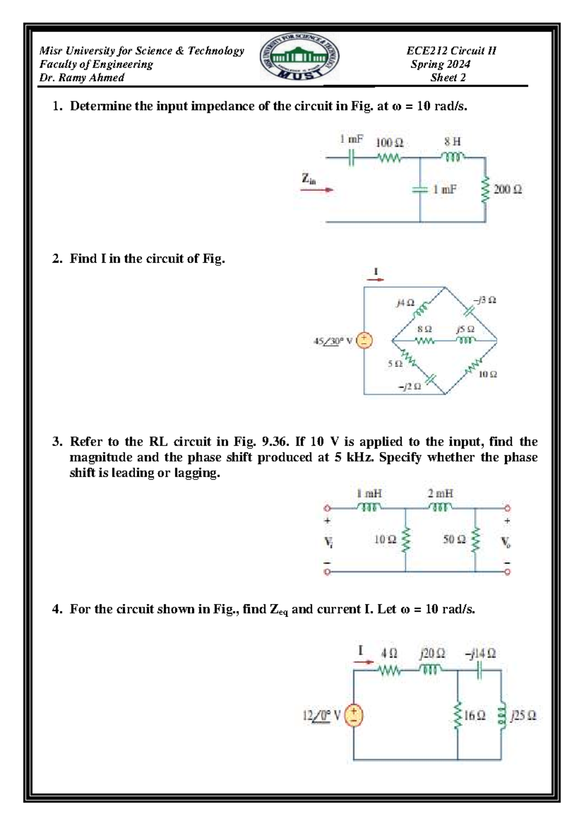 ECE212 Circuit II Spring 2024 Sheet 2: Input Impedance & RL Circuit ...