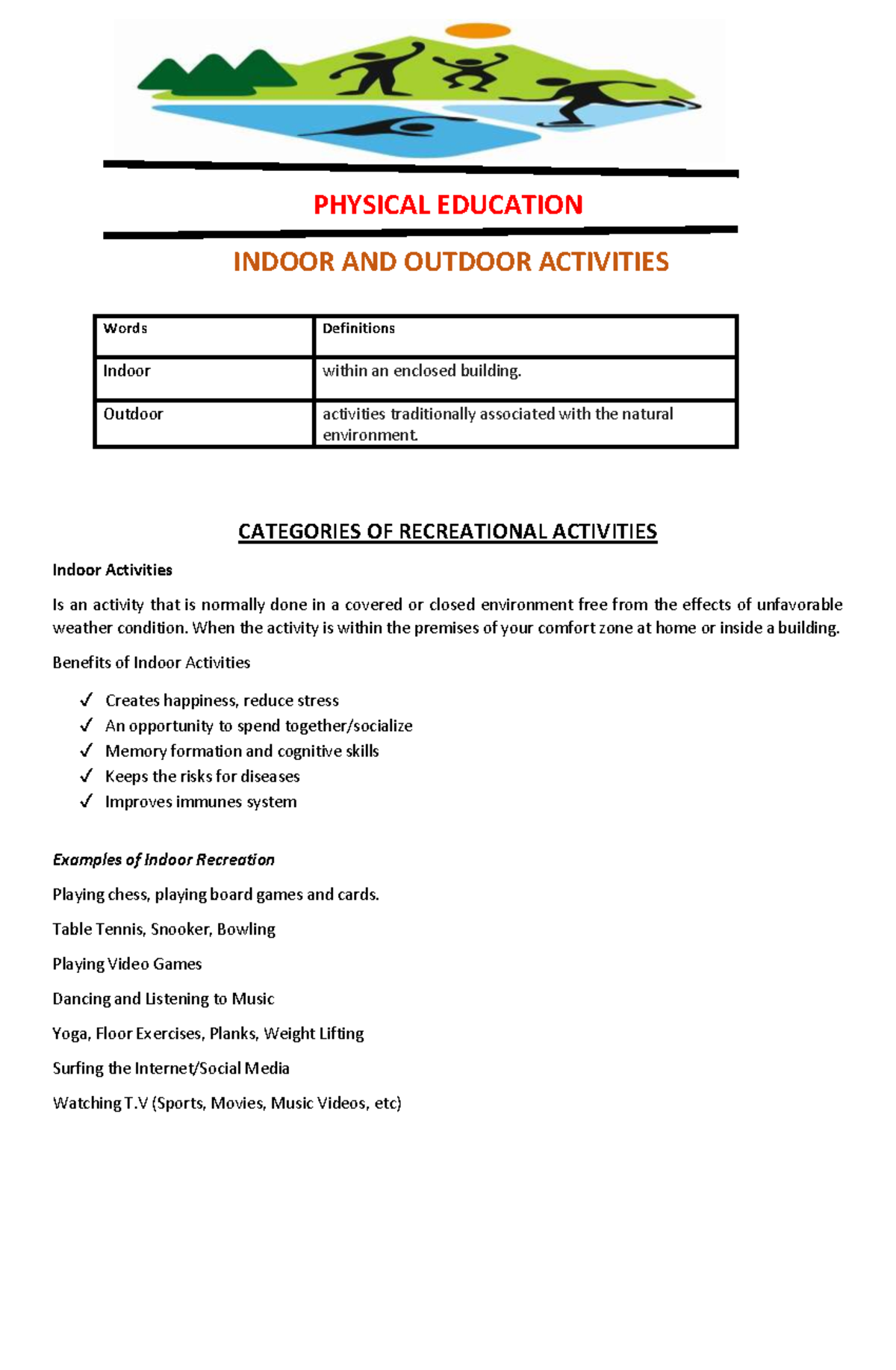 PE Lesson 2 - Indoor & Outdoor Activities Overview and Benefits - Studocu