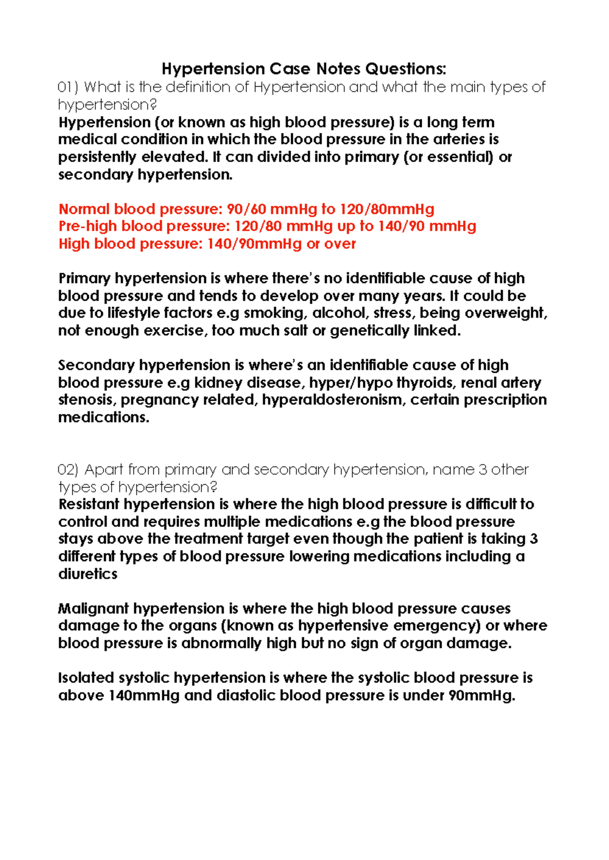 Hypertension Notes Questions - Hypertension Case Notes Questions: What ...