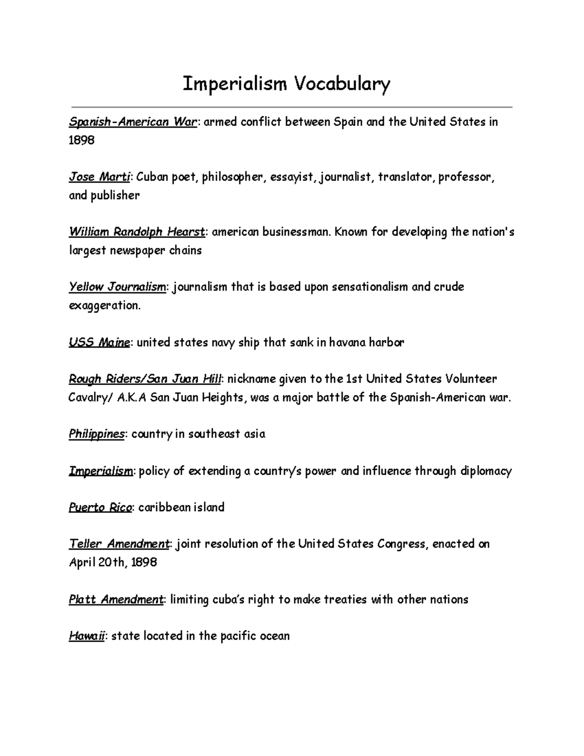 Imperialism Vocabulary - Imperialism Vocabulary Spanish-American War ...