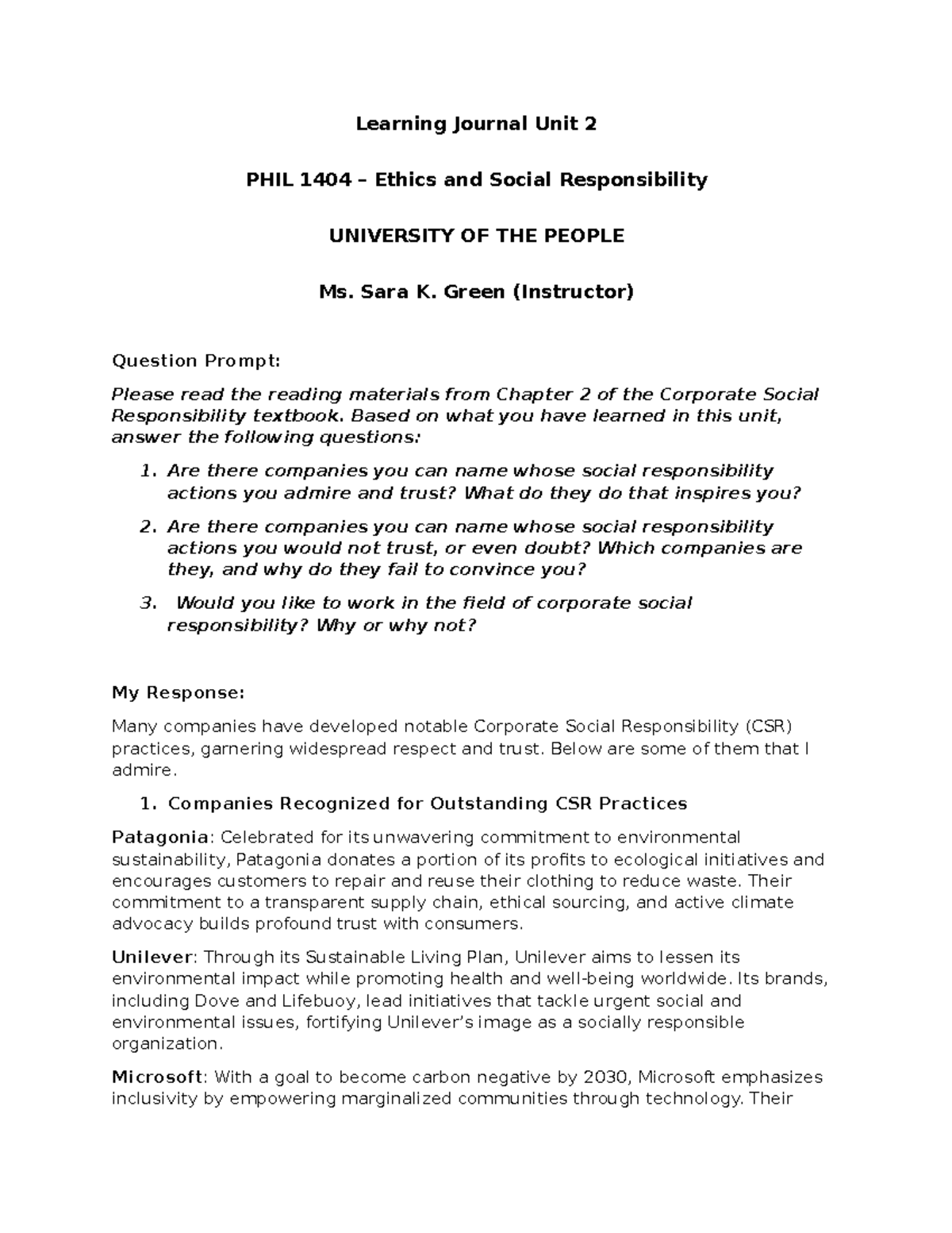 Learning Journal Unit 2: CSR Insights in PHIL 1404 Ethics - Studocu