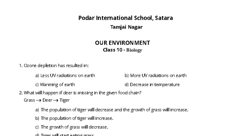 Class 10 Biology: Our Environment - Key Concepts and Exam Prep - Studocu