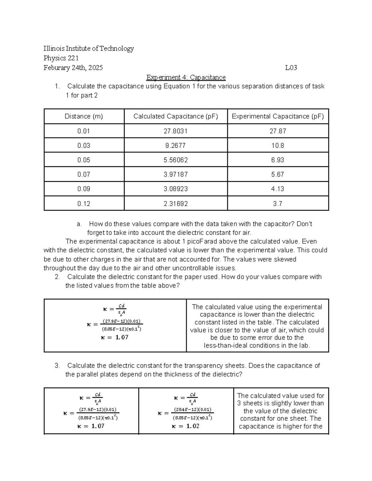 Physics 2 Lab 4 - Illinois Institute of Technology Physics 221 Feburary ...