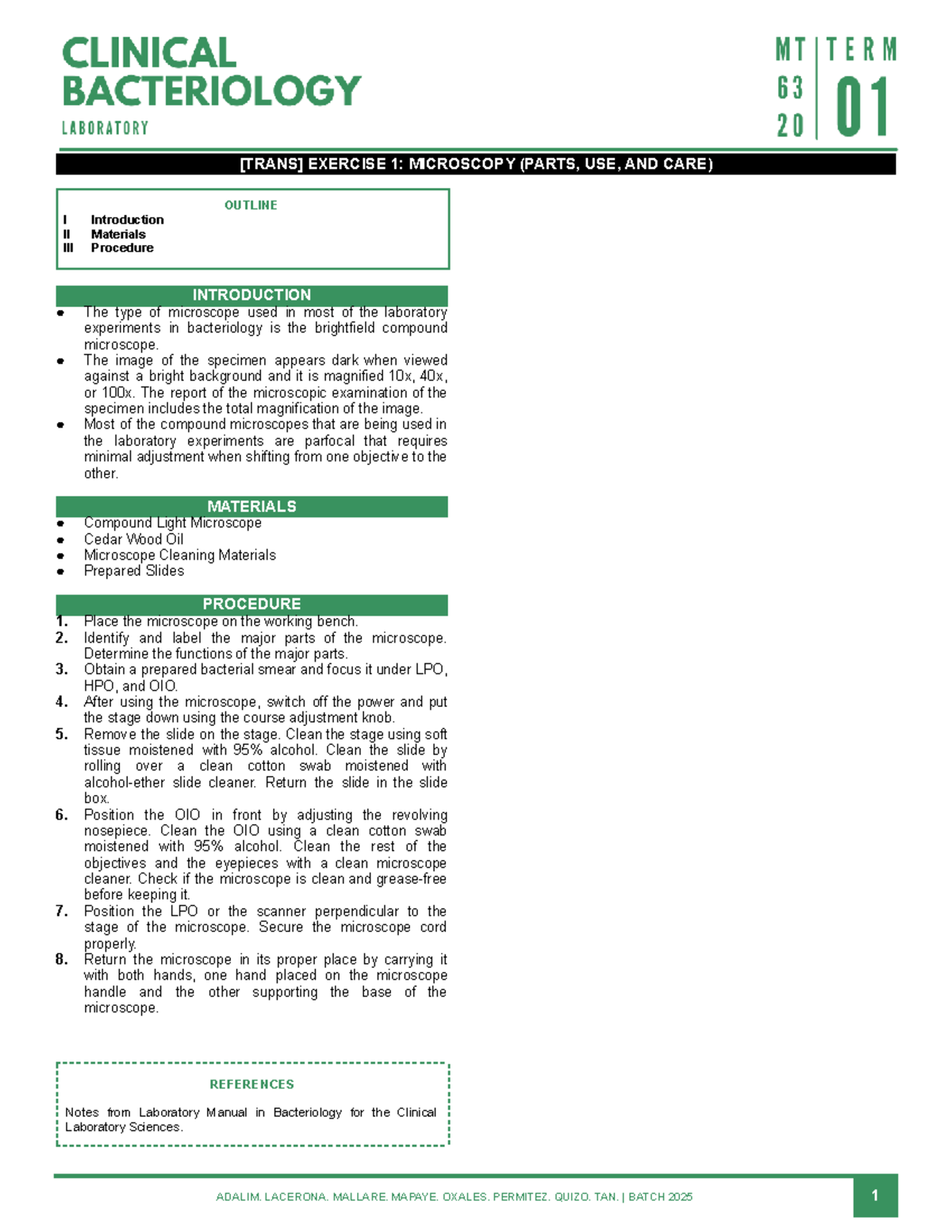 MT 6320 [LAB] - Exercise 1: Microscopy Parts, Use & Care Guide - Studocu