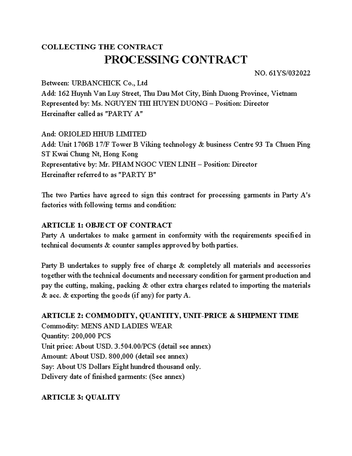 Processing Contract No. 61YS/0320 22: Garment Production Agreement ...
