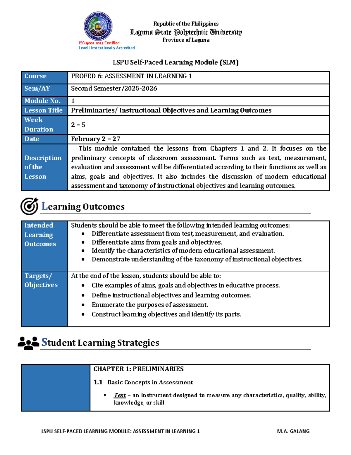 LSPU PROFED 6: Assessment in Learning 1 - Second Module Overview - Studocu