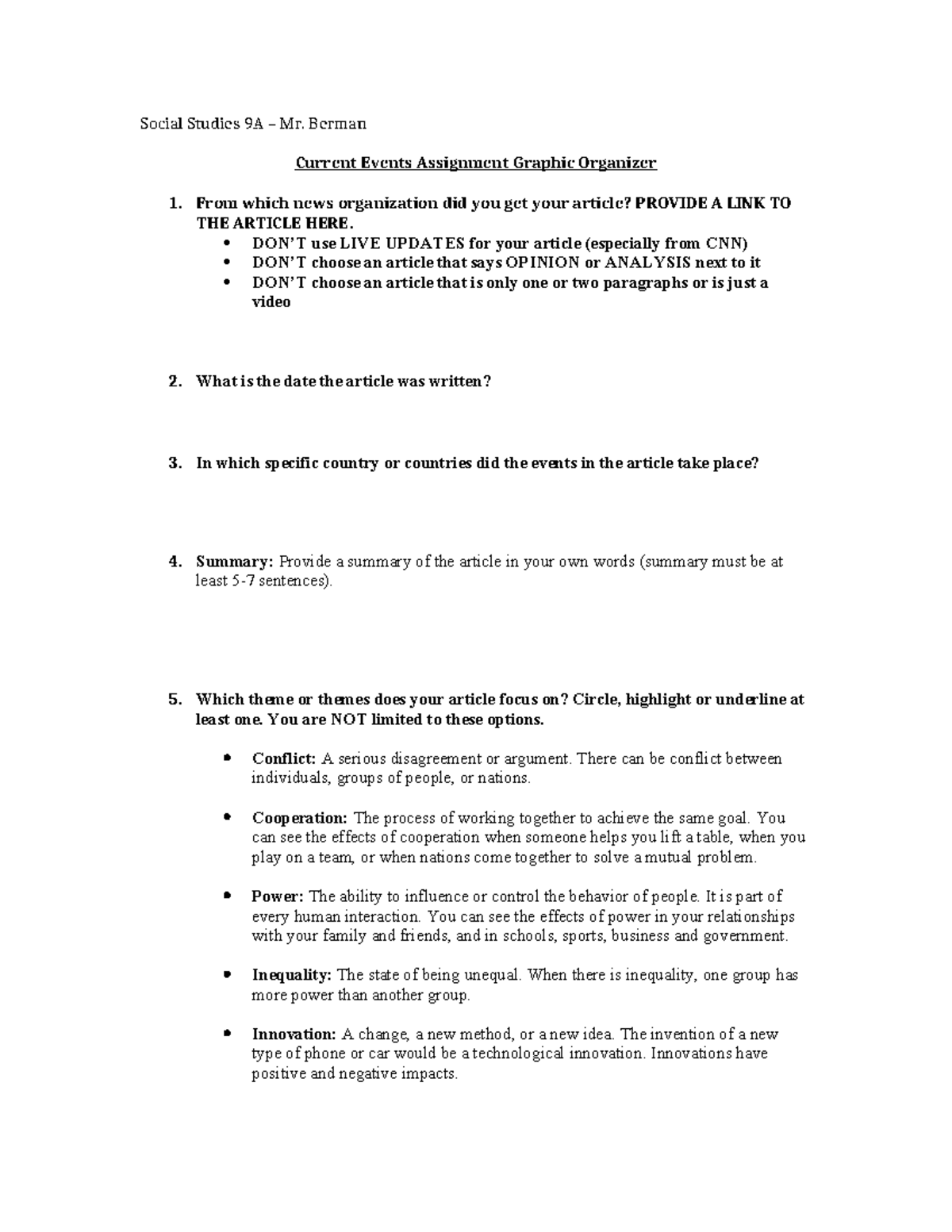Current Events Assignment - Social Studies 9A – Mr. Berman Current ...