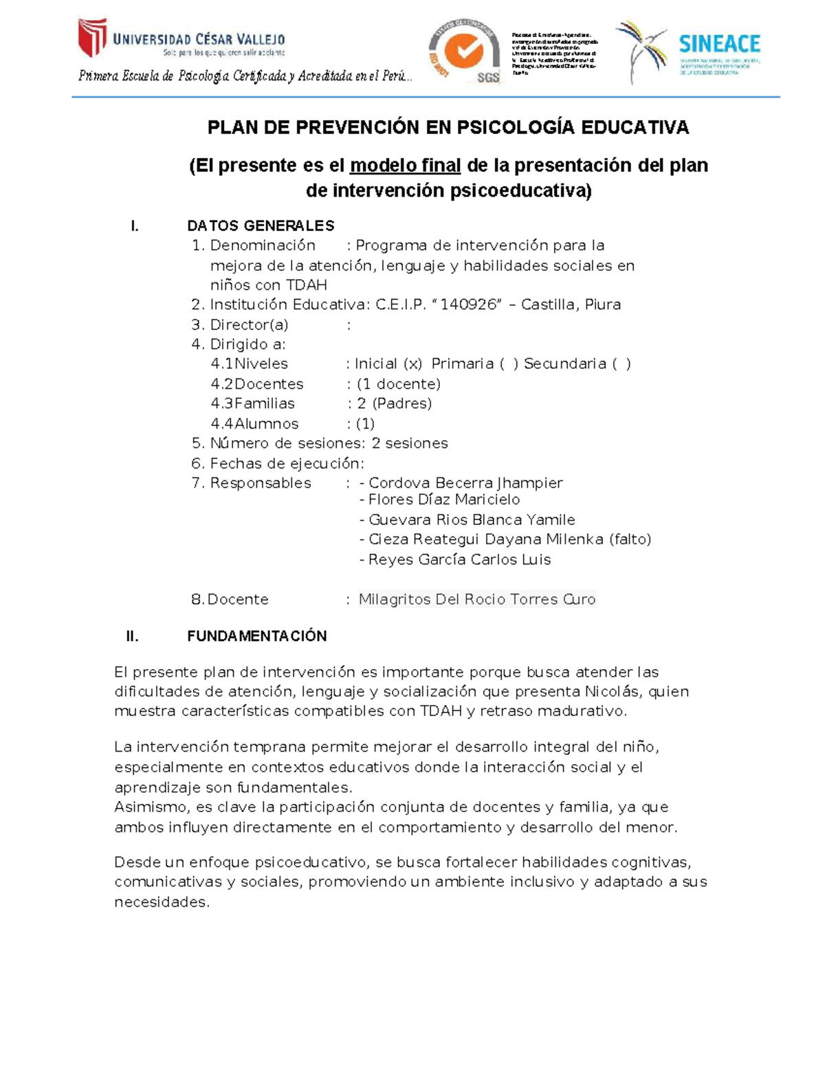 PLAN DE INTERVENCIÓN PSICOEDUCATIVA PARA TDAH - UCV 2023 - Studocu