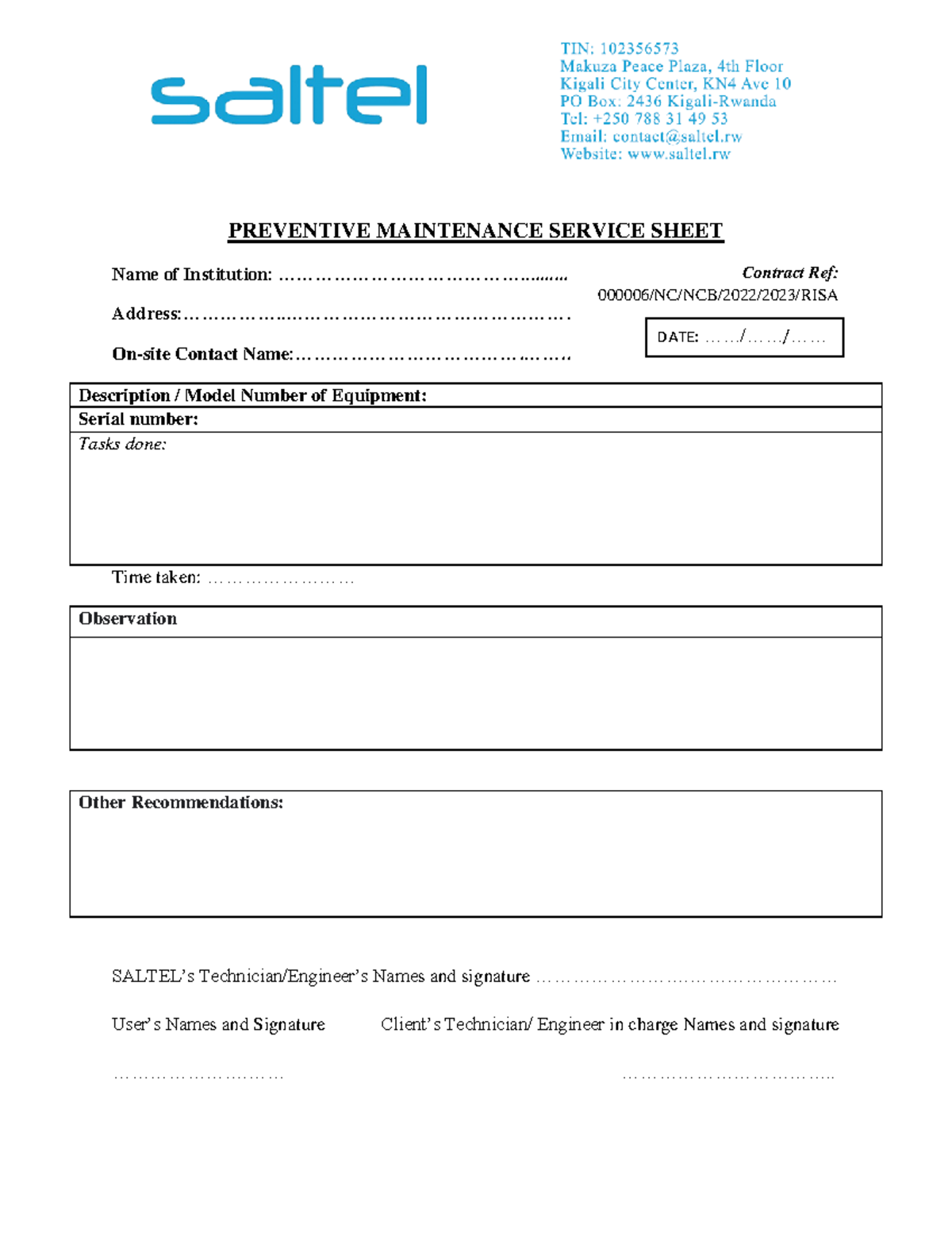 RISA Preventive Report Sheet - PREVENTIVE MAINTENANCE SERVICE SHEET ...
