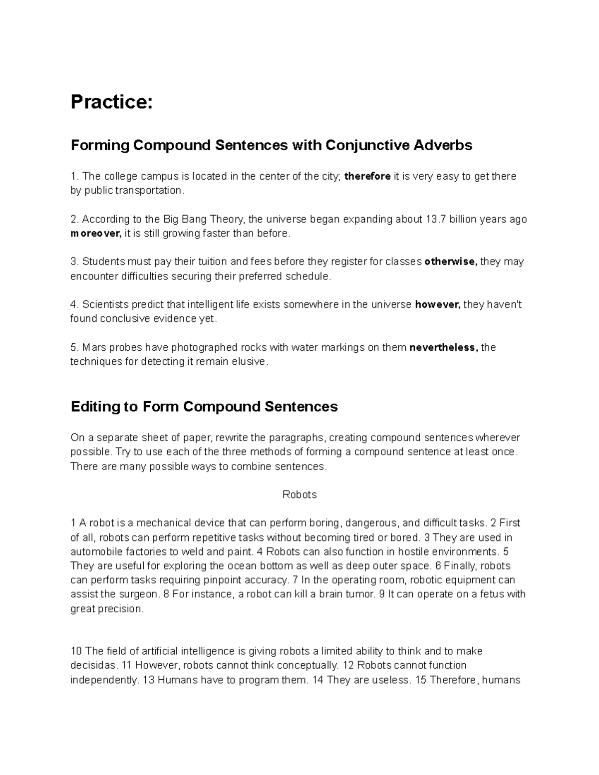 Writing Practice: Forming Compound Sentences using Conjunctive Adverbs ...
