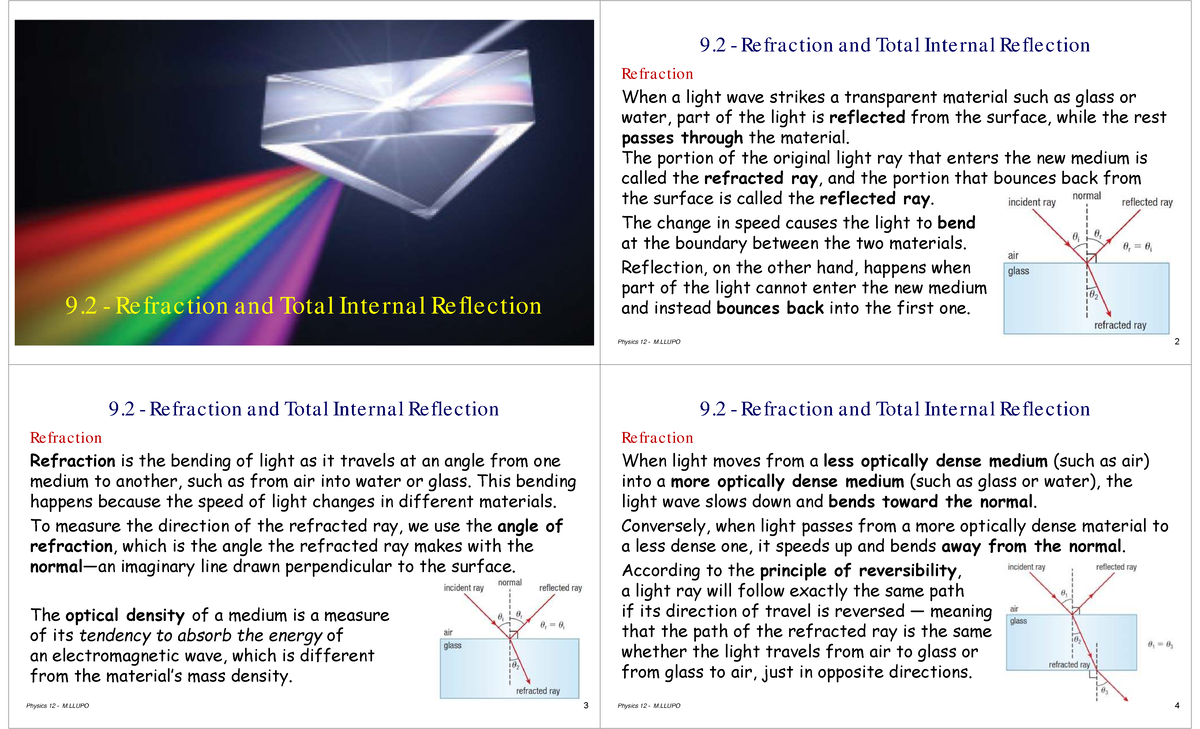 Physics 12: 9.2 Refraction & Total Internal Reflection Notes - Studocu